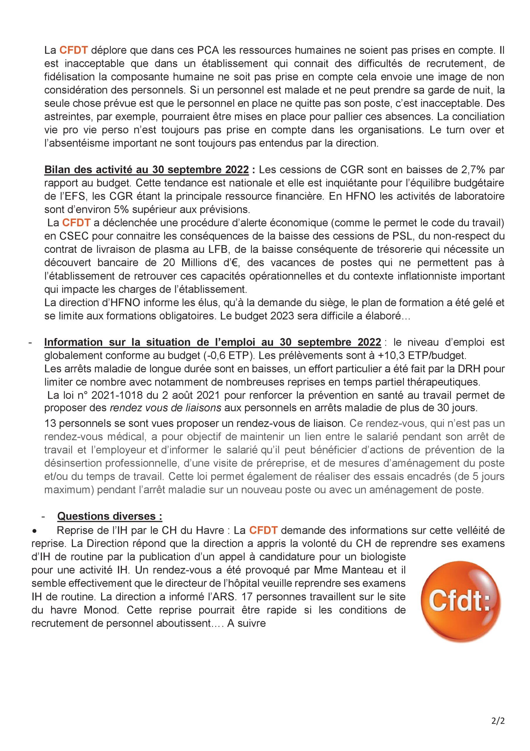 Lettre information HFNO novembre résumé CSE - CFDT - EFS