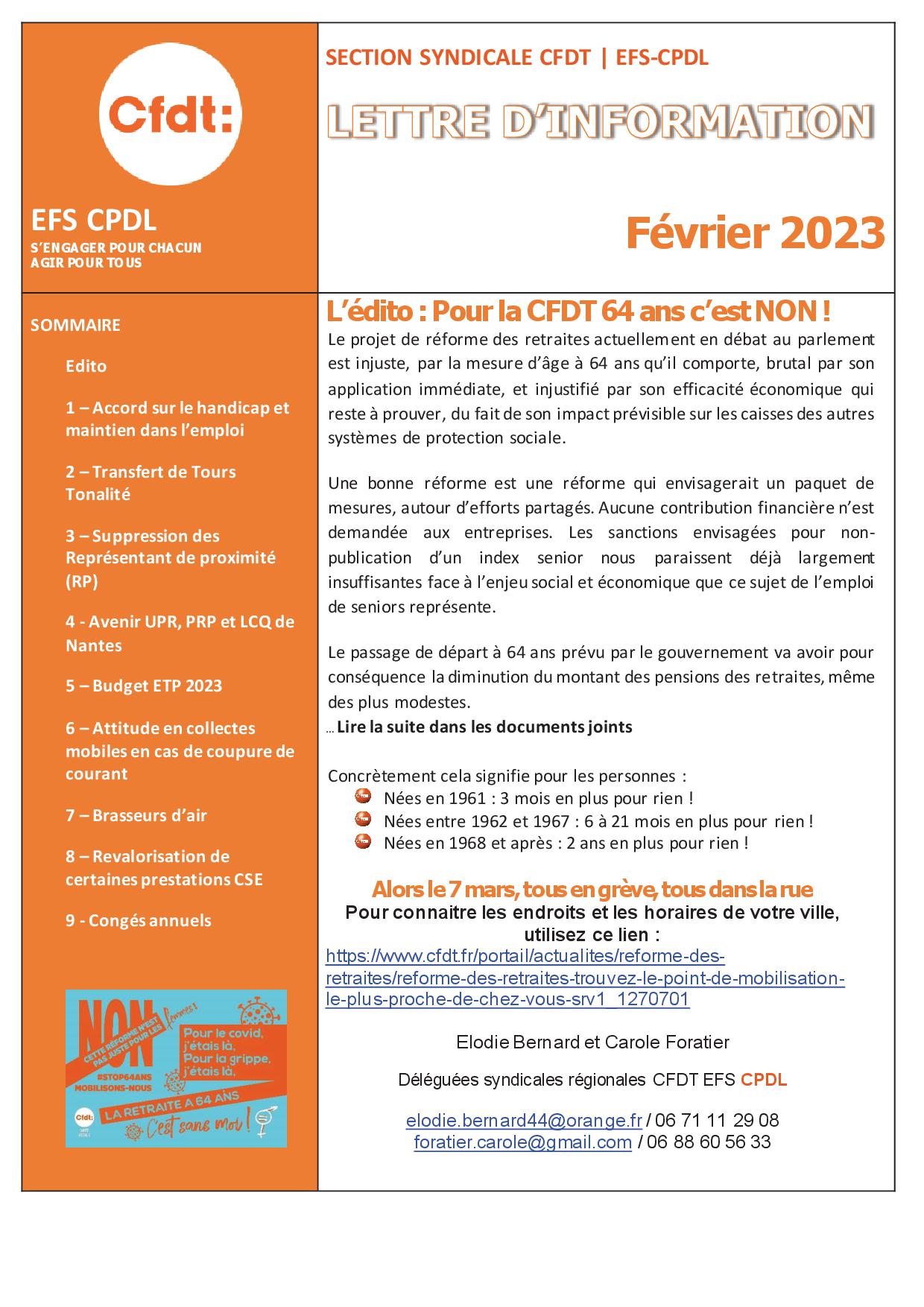 Lettre information CPDL février 2023 - CFDT - EFS